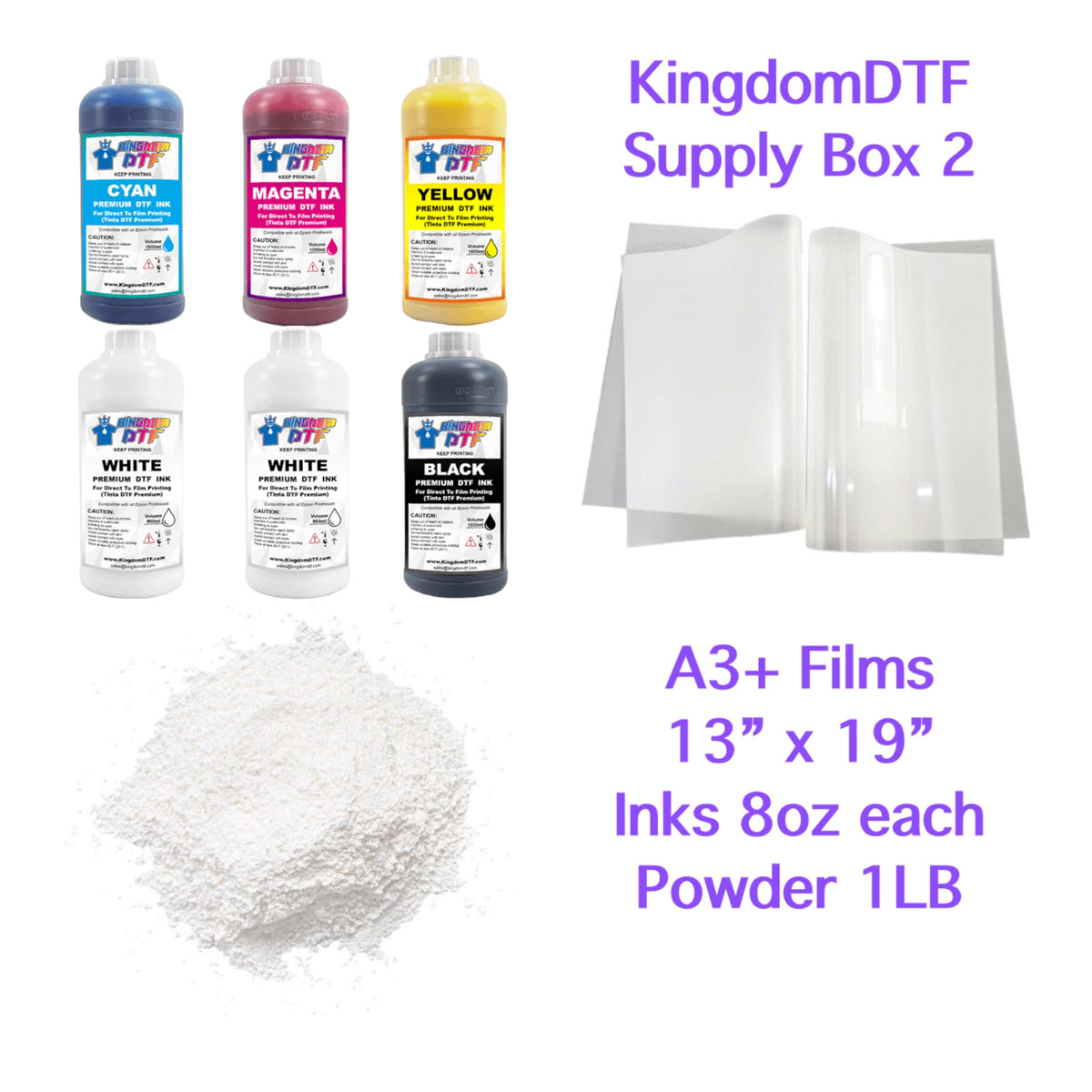 Kingdom DTF Supply Box 2 (A3+) - DTF Inks, A3+ DTF Films, DTF Powder